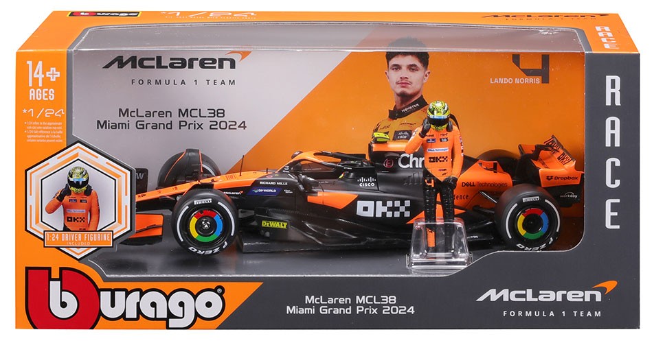 BBURAGO MCLAREN MCL38 CON LANDO NORRIS DIE CAST METAL 1/24 MODEL RE...